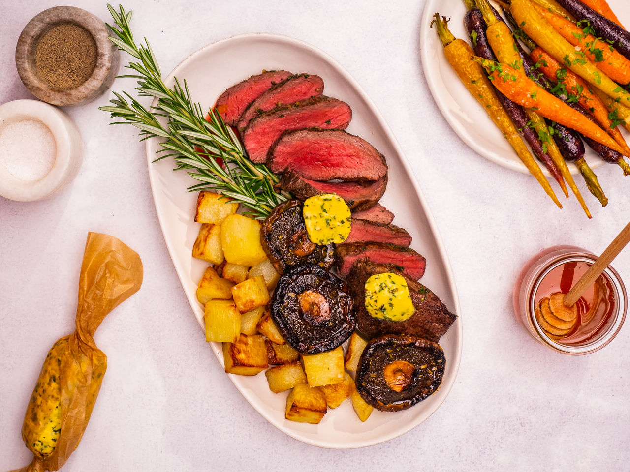 Beef Eye Fillet Steaks with Garlic & Herb Butter, Mushrooms, Roast ...